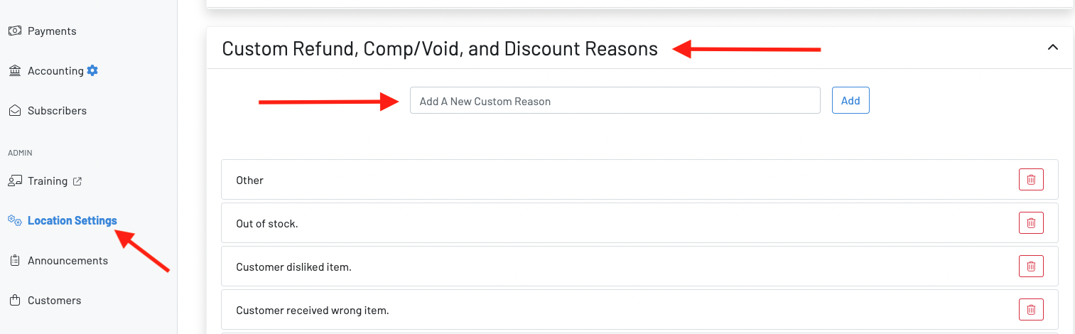 Location Settings: How do I create refund reasons? (Comp/Void)